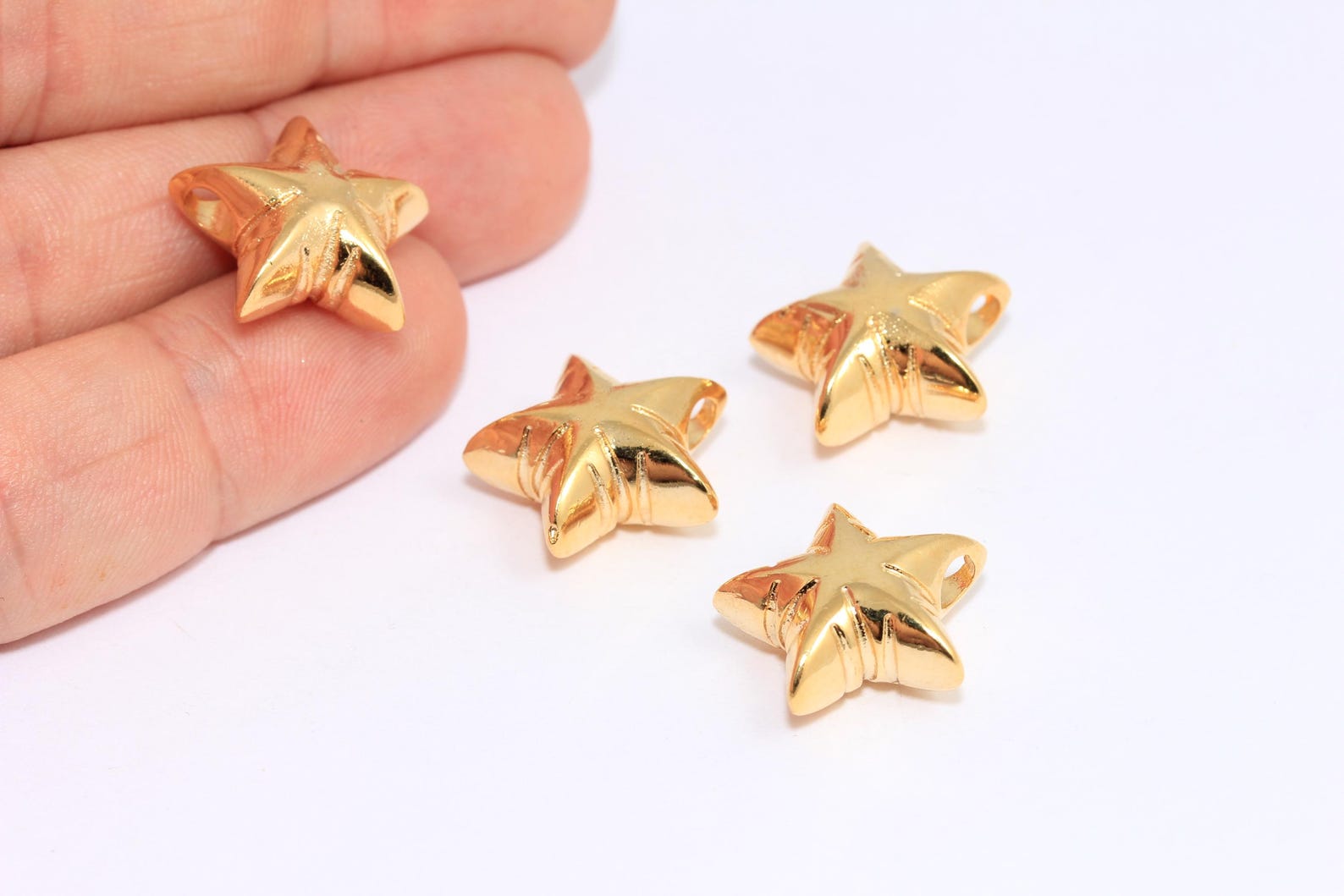 17mm 24k Shiny Gold Plated Star Beads, Large Hole Beads, Puffed Star ...