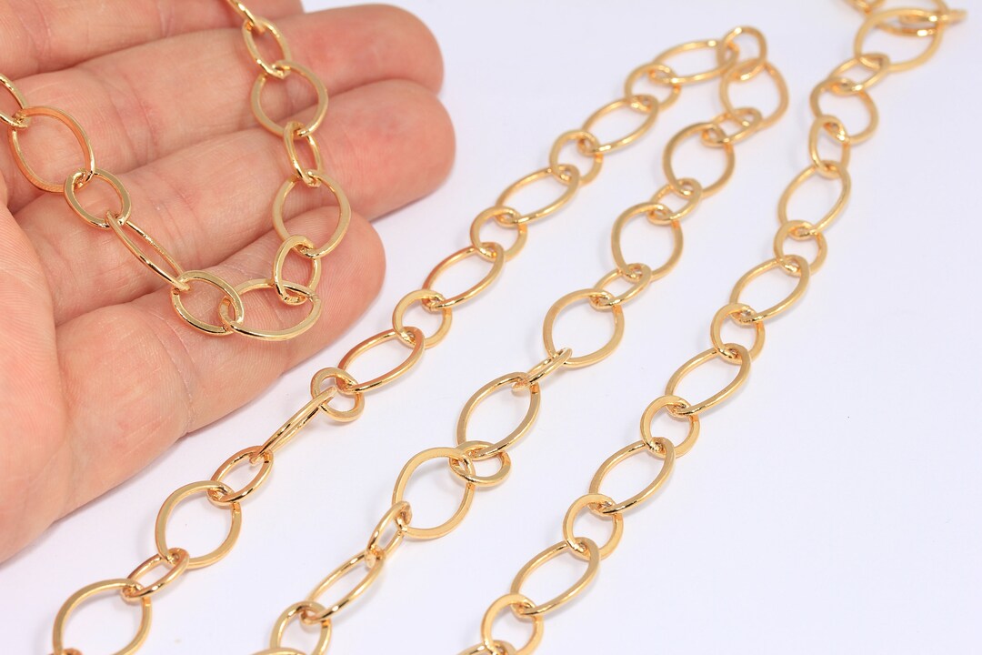 10x15mm 24k Shiny Gold Link Chain, Oval Link Chain, Gold Bar Chain ...