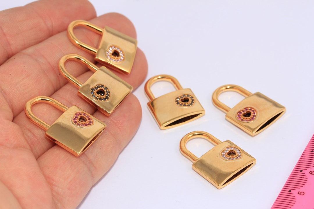 18x27mm 24k Shiny Gold Heart Padlock Charms, Micro Pave Heart Lock ...