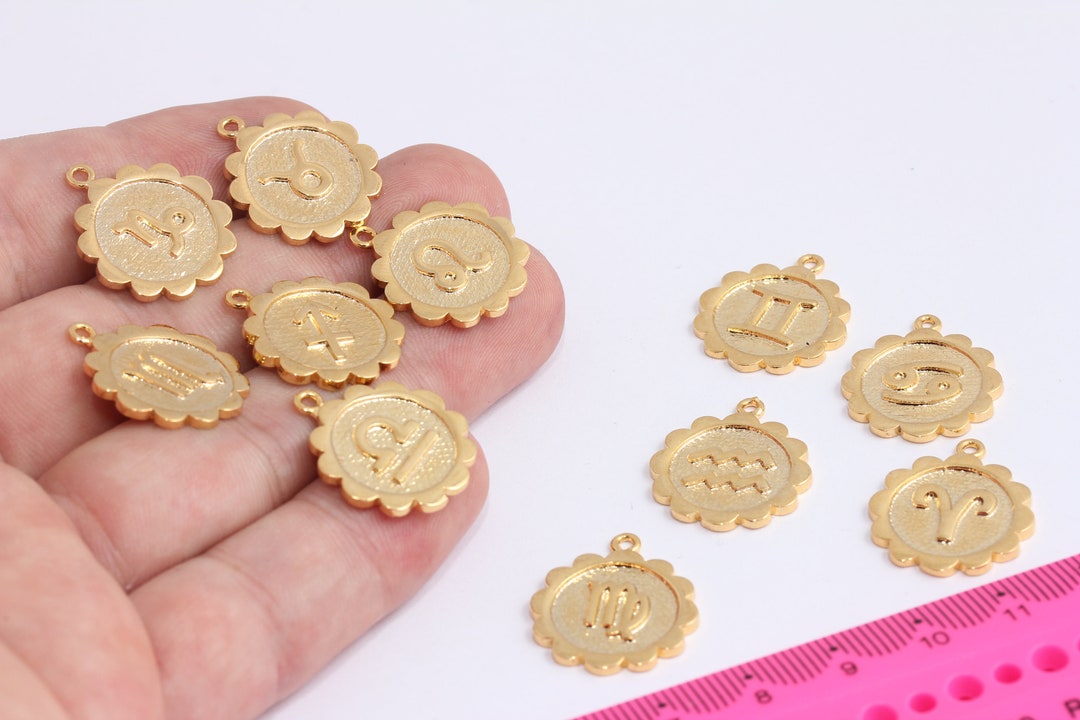 19x22mm 24k Shiny Gold Zodiac Signs, Zodiac Sign, Flower Pendant ...