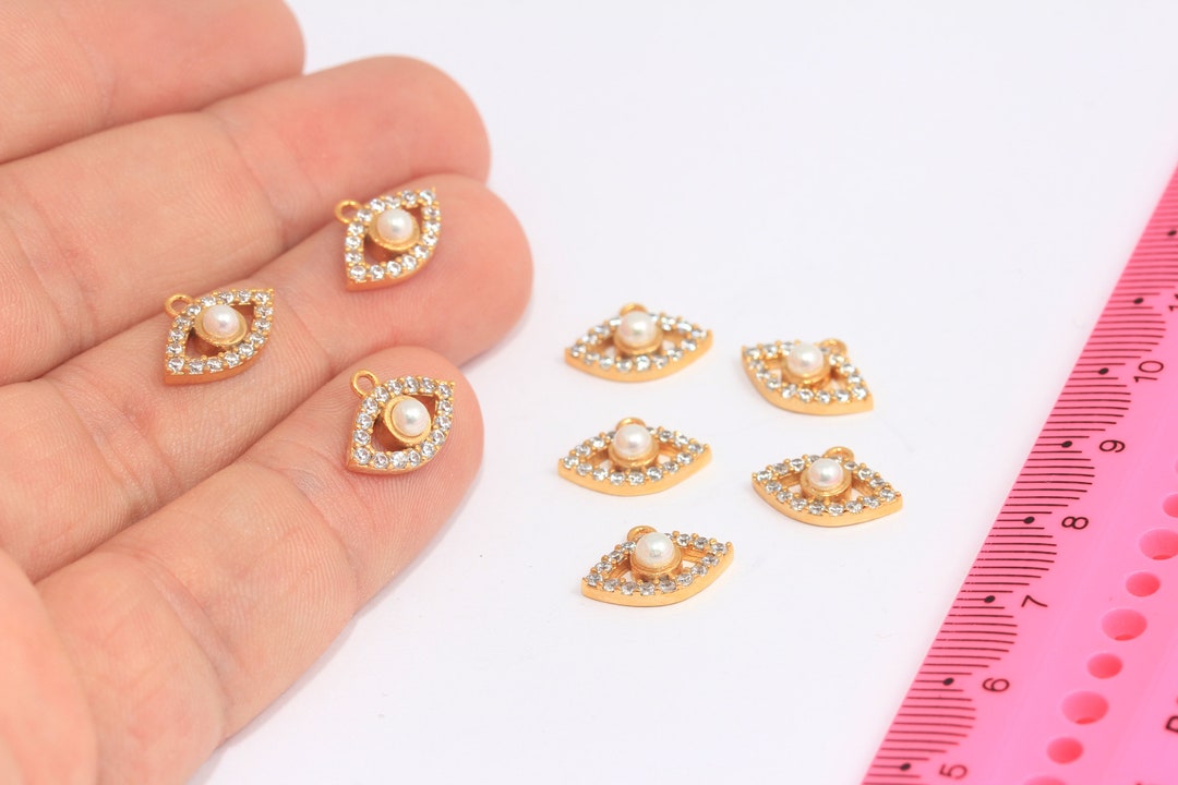 10x14mm Shiny Gold Evil Eye Charm, Micro Pave Evil Eye Perl Charms, CZ ...