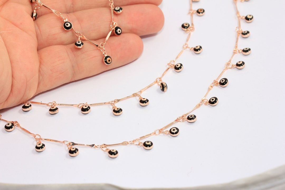 4,5mm Rose Gold Plated Evil Eye Chain, Soldered Bar Beaded Chains, Evil ...