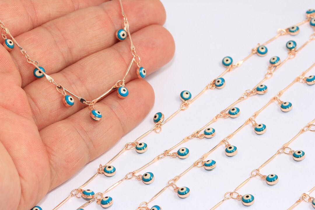 4,5mm Rose Gold Plated Evil Eye Chain, Soldered Bar Beaded Chains ...