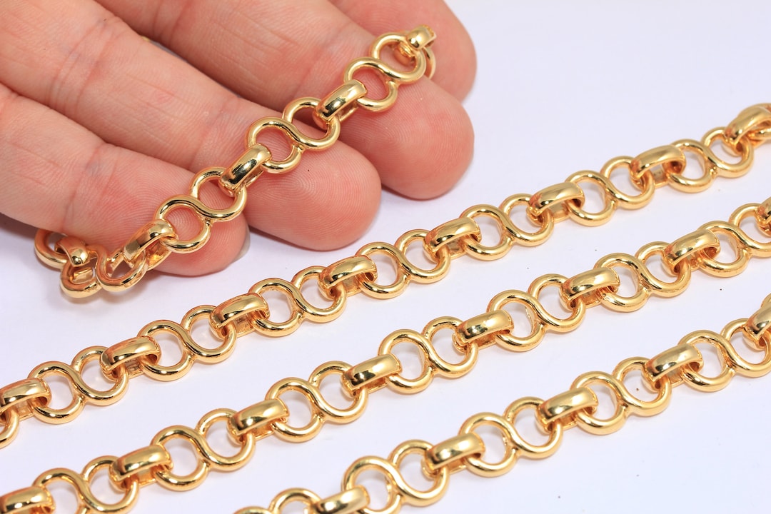 9,5mm 24k Shiny Gold Bar Chain, Round Link Chain, Vintage Necklace ...