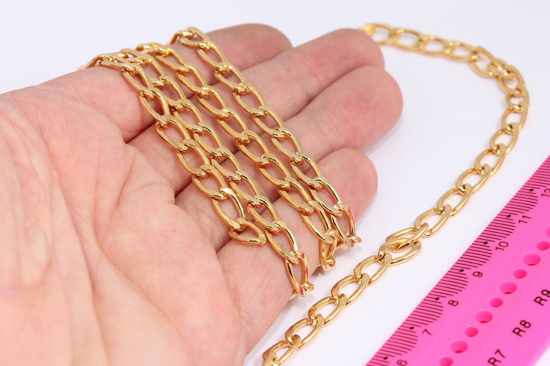 24k Shiny Gold Plated Faceted Chain, Strong Curb Chain, Faceted Curb ...