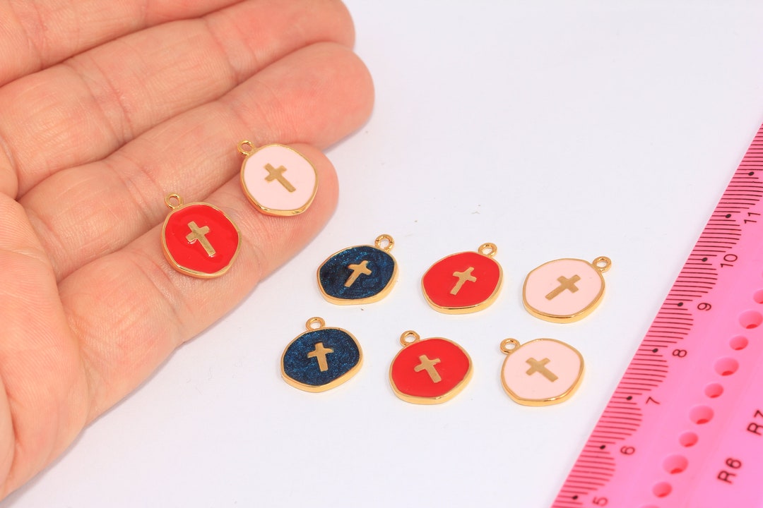 13,5mm 24k Shiny Gold Enamel Cross Charm, Optional Color Enamel Cross ...