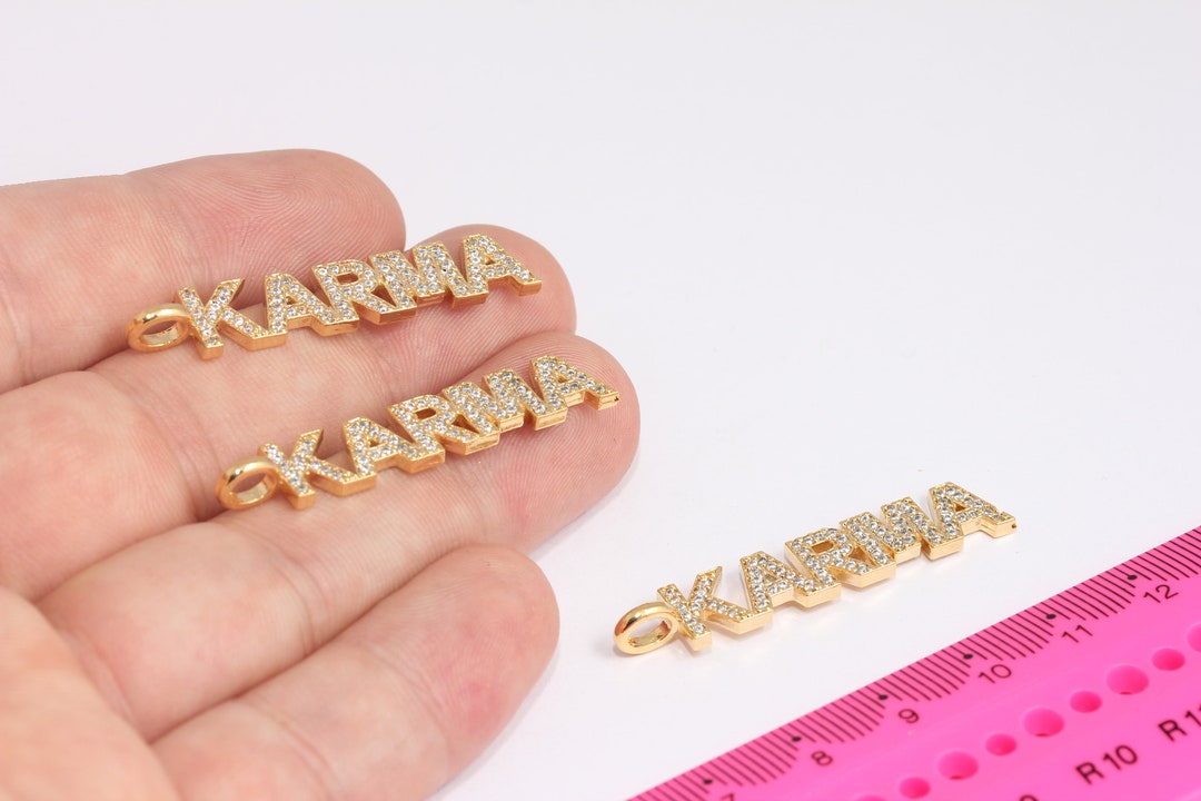 8x44mm 24k Shiny Gold Karma Pendant, Micro Pave Karma Letters Charms ...