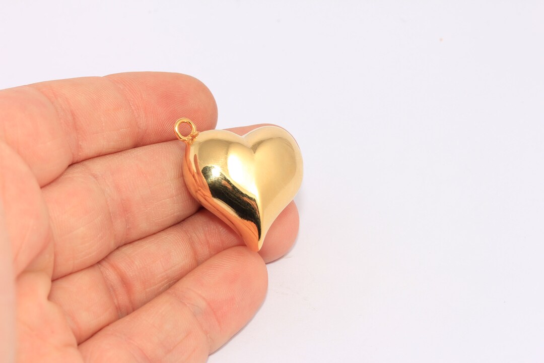 27mm 24k Shiny Gold Puffed Heart, Cute Heart Pendant, Heart Necklace ...