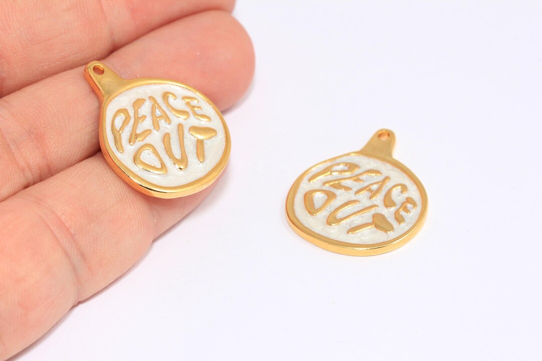 23x27mm 24k Shiny Gold Peace Sign, White Enamel Peace Out Pendant ...