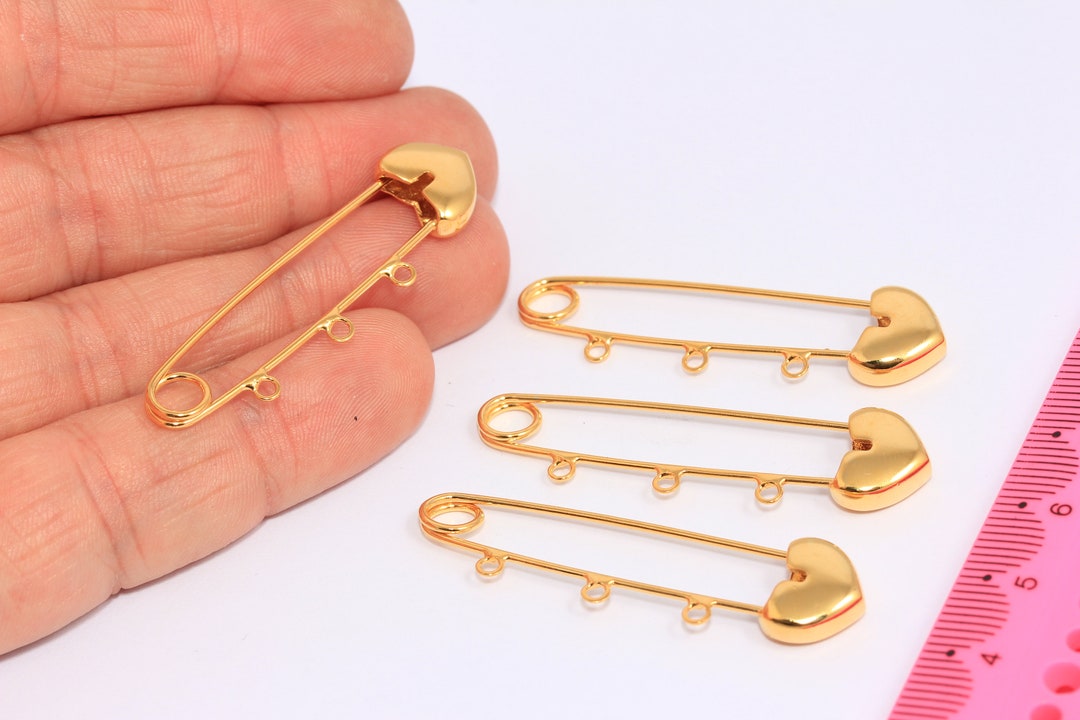 12x50mm 24k Shiny Gold Safety Pin Charm, Heart Shaped Safety Pin ...
