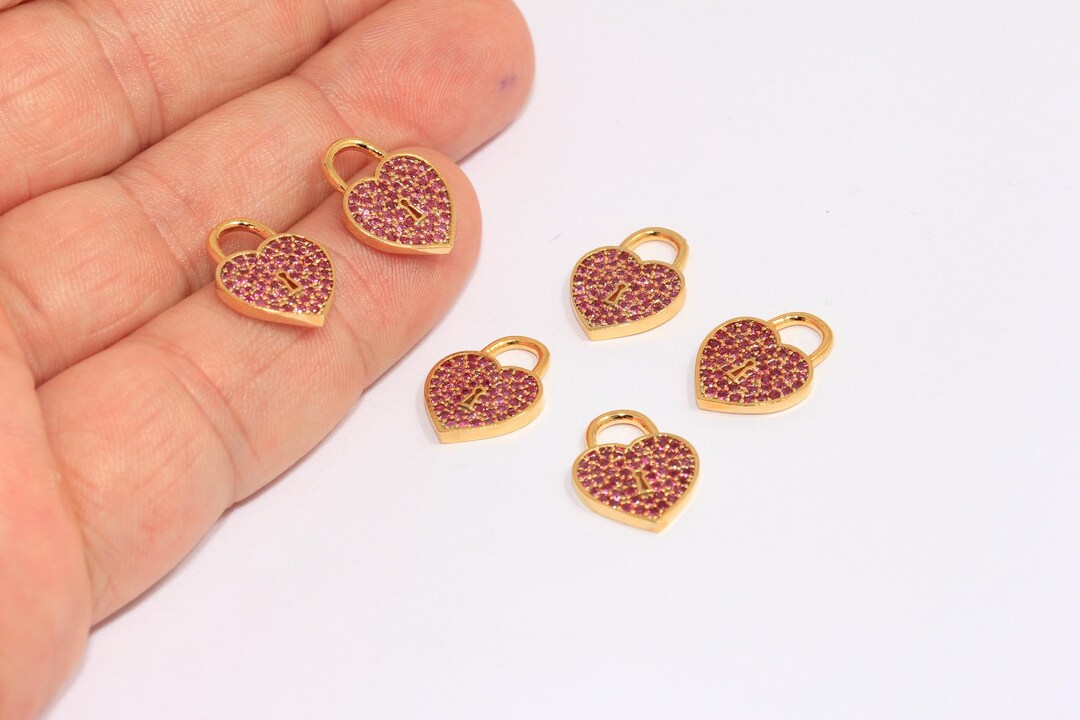 12x16mm 24k Shiny Gold Heart Lock Charms, CZ Lock Beads, Ruby Zircon ...