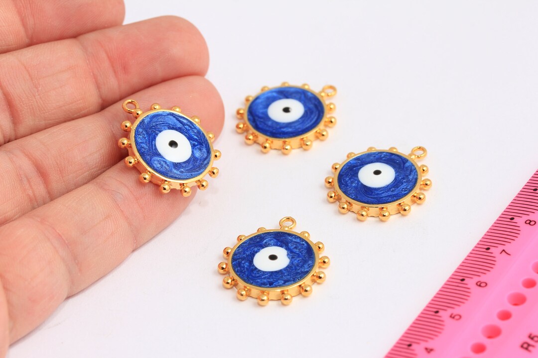 22mm 24k Shiny Gold Evil Eye Sun Pendant, Sun Necklace, Enamel Evil Eye ...