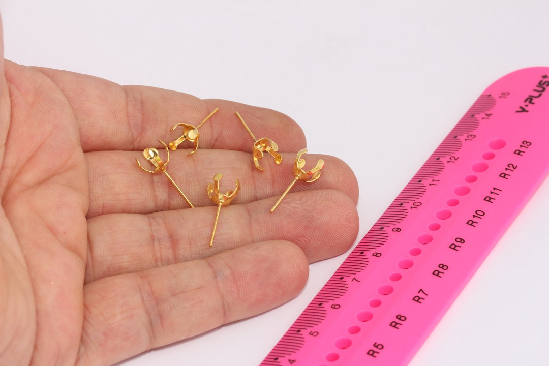 8mm 24k Shiny Gold Ear Posts, Stud Earrings, Ear Pin, Stone Prong Claw ...