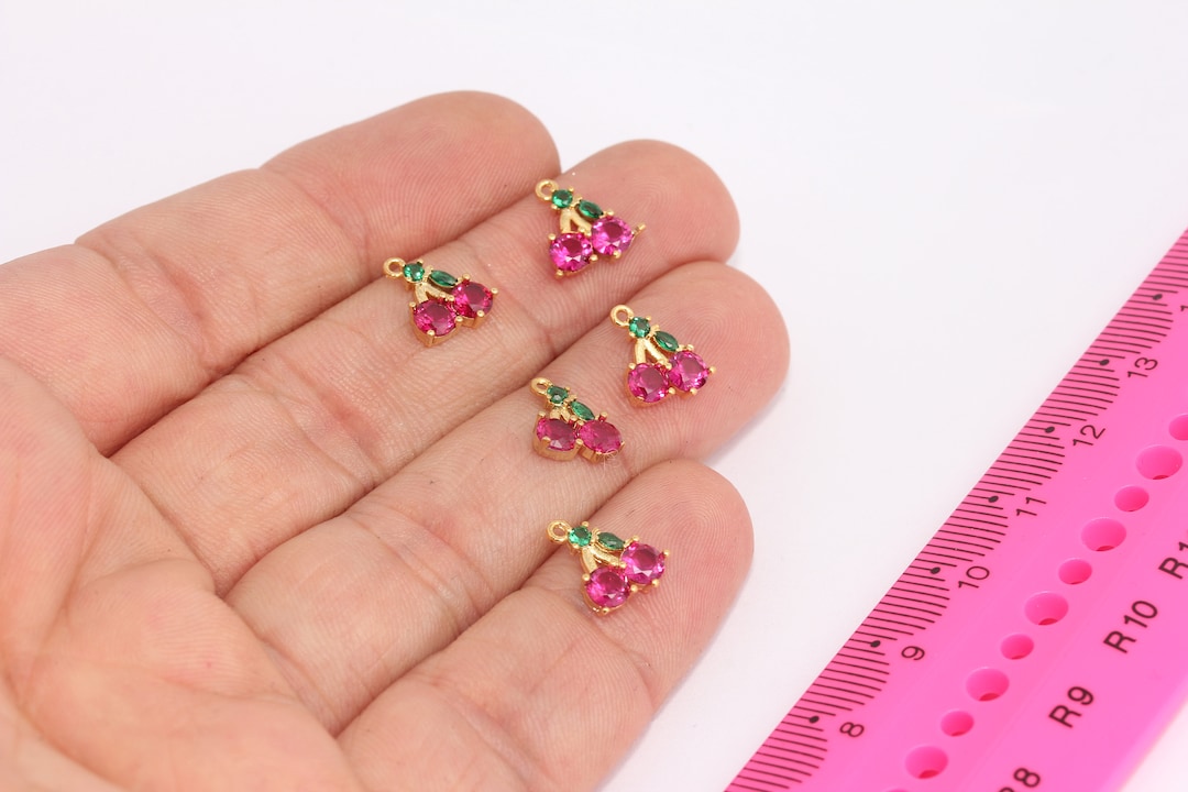 24k Shiny Gold Plated Cherry Beads, CZ Cherry Charms, Colorful Stone ...