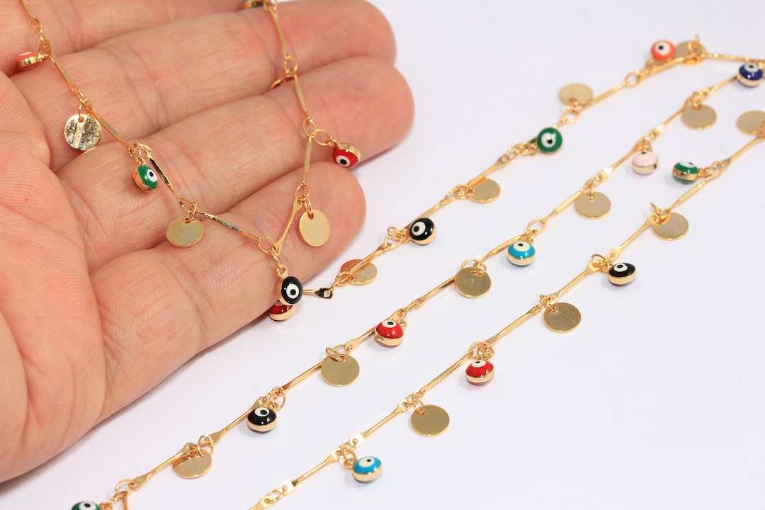 6mm 24k Shiny Gold Evil Eye Beaded Chain, Soldered Bar Coin Chains ...