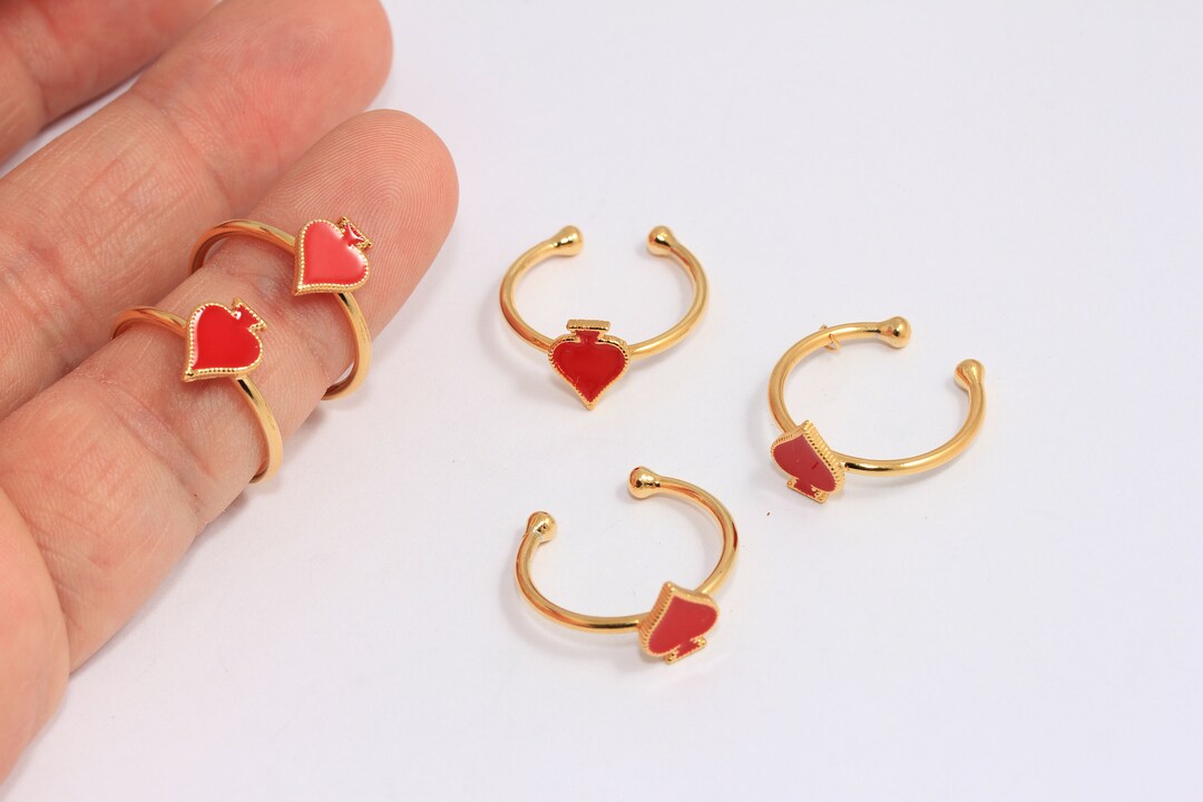 17mm 24k Shiny Gold Playing Card Rings, Red Enamel Spade Symbol Ring ...