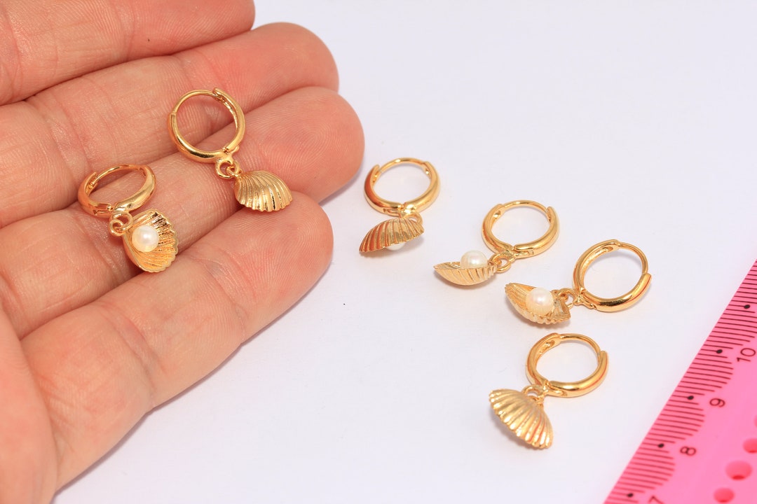 11x11mm 24k Shiny Gold Sea Shell Hoops, Micro Pave Seashell Hoops ...