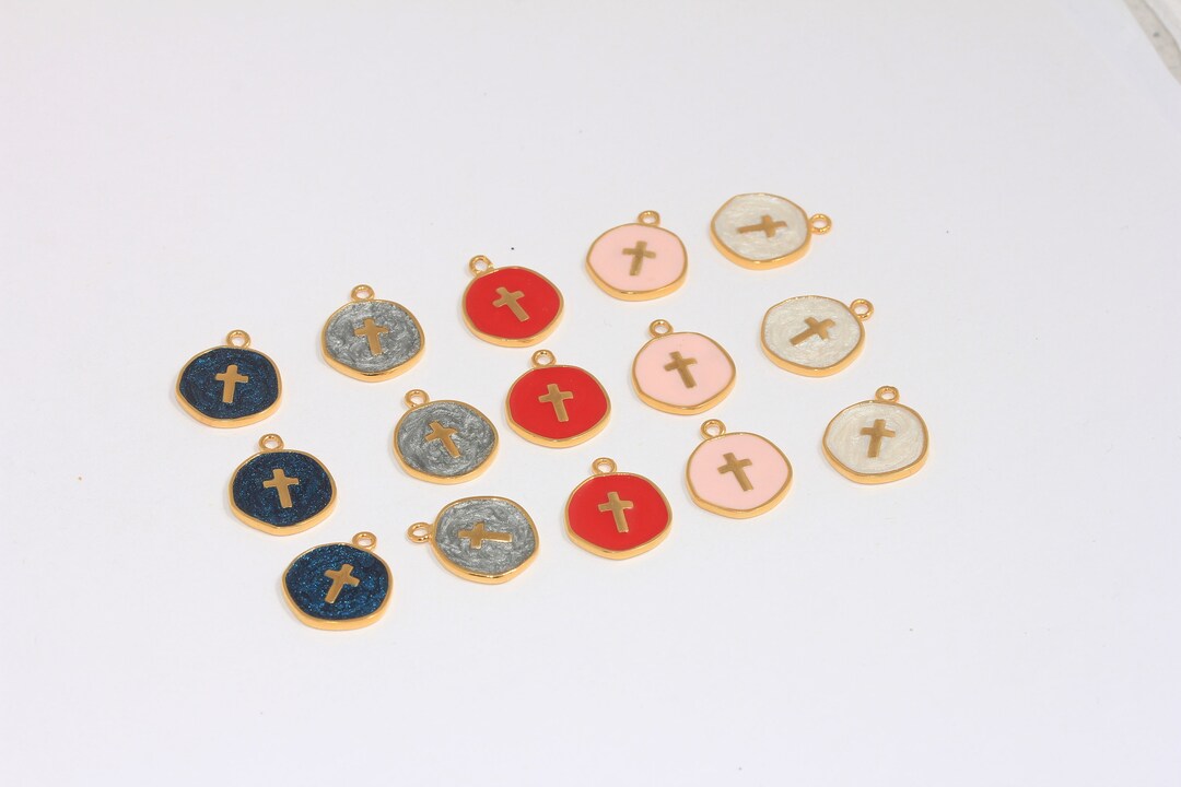 13,5mm 24k Shiny Gold Enamel Cross Charm, Optional Color Enamel Cross ...