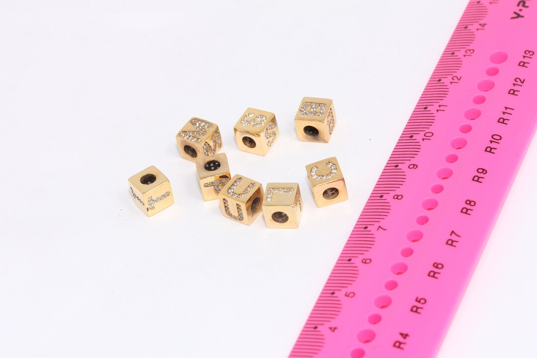 8x8mm 24k Shiny Gold Cz Letter Beads, Cube Letter Charms, Cube Beads ...