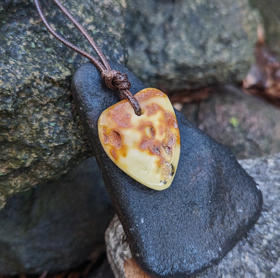 White Baltic Amber Pendant, Healing Polished Amber Amulet, Unique ...