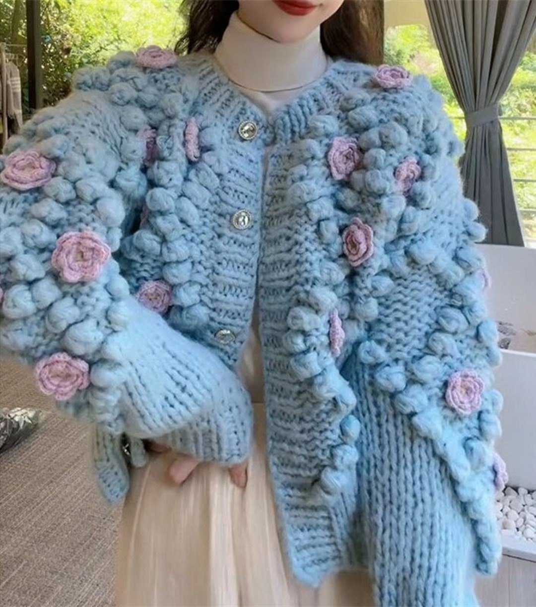 Blue 3D Pink Rose Sweater Cardigan,cotton or Acrylic Oversize Spring ...