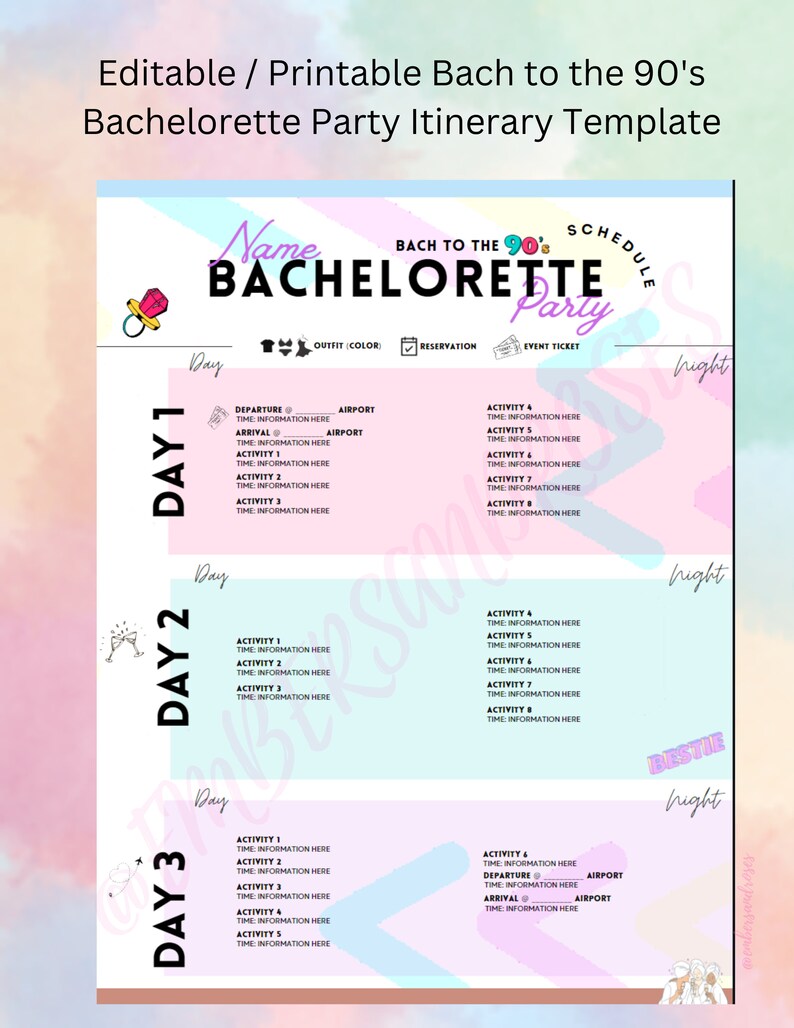 Editable / Printable Bach to the 90's Bachelorette Party Itinerary ...