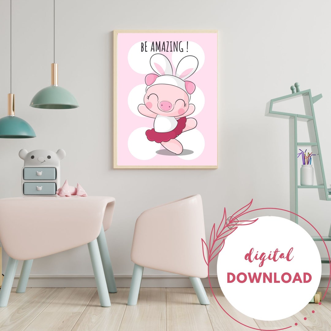 Kids Room Mural, With Cute Piggy for Kids, Playroom Wall Art, Cartoon ...