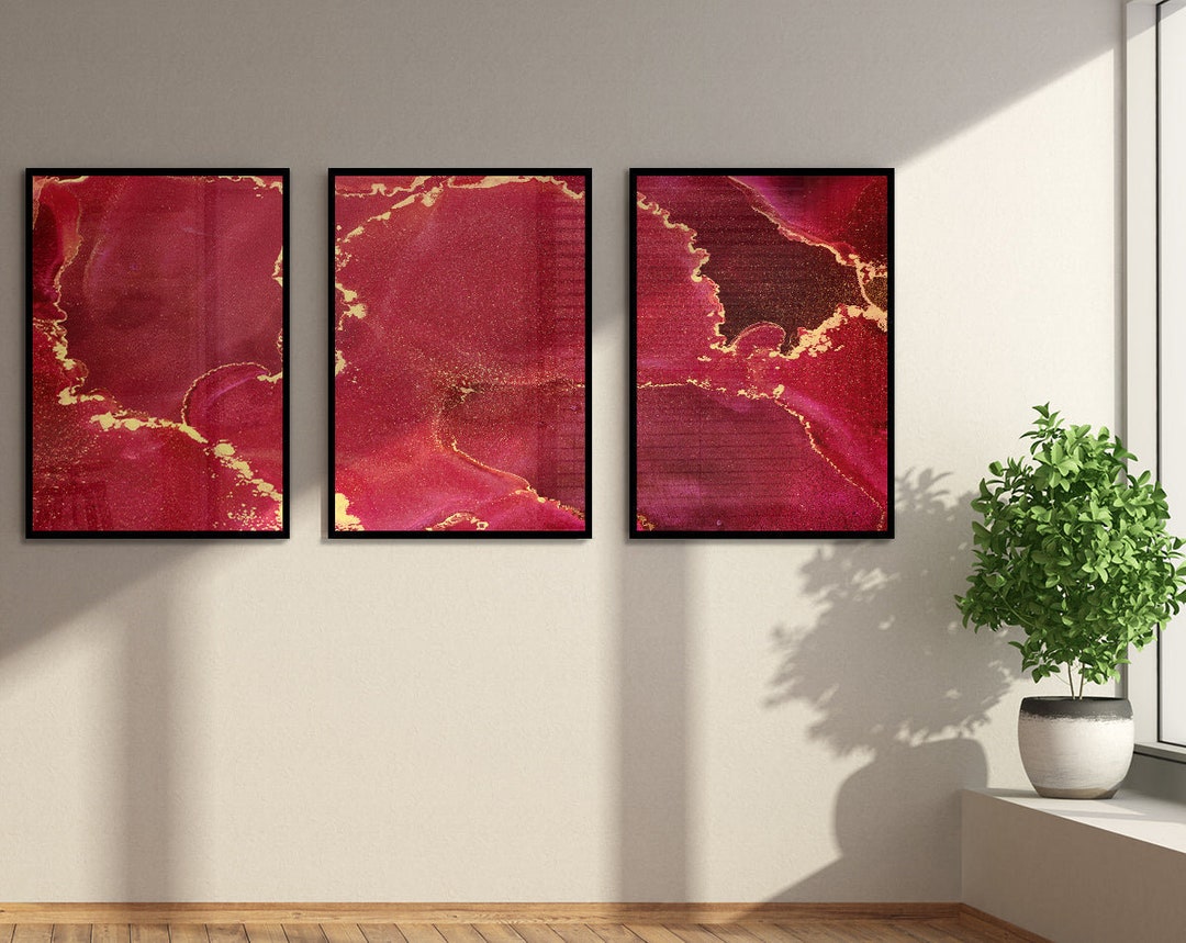 Red and Gold Marble Glitter Set of 3 Framed Print Set Wall Art - Etsy