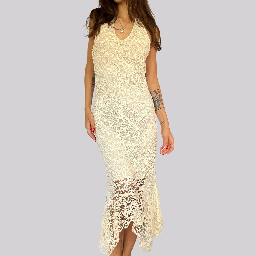 Vintage Y2K Maxi Halterneck Dress Hole Pattern / Cream / S / Orsay - Etsy