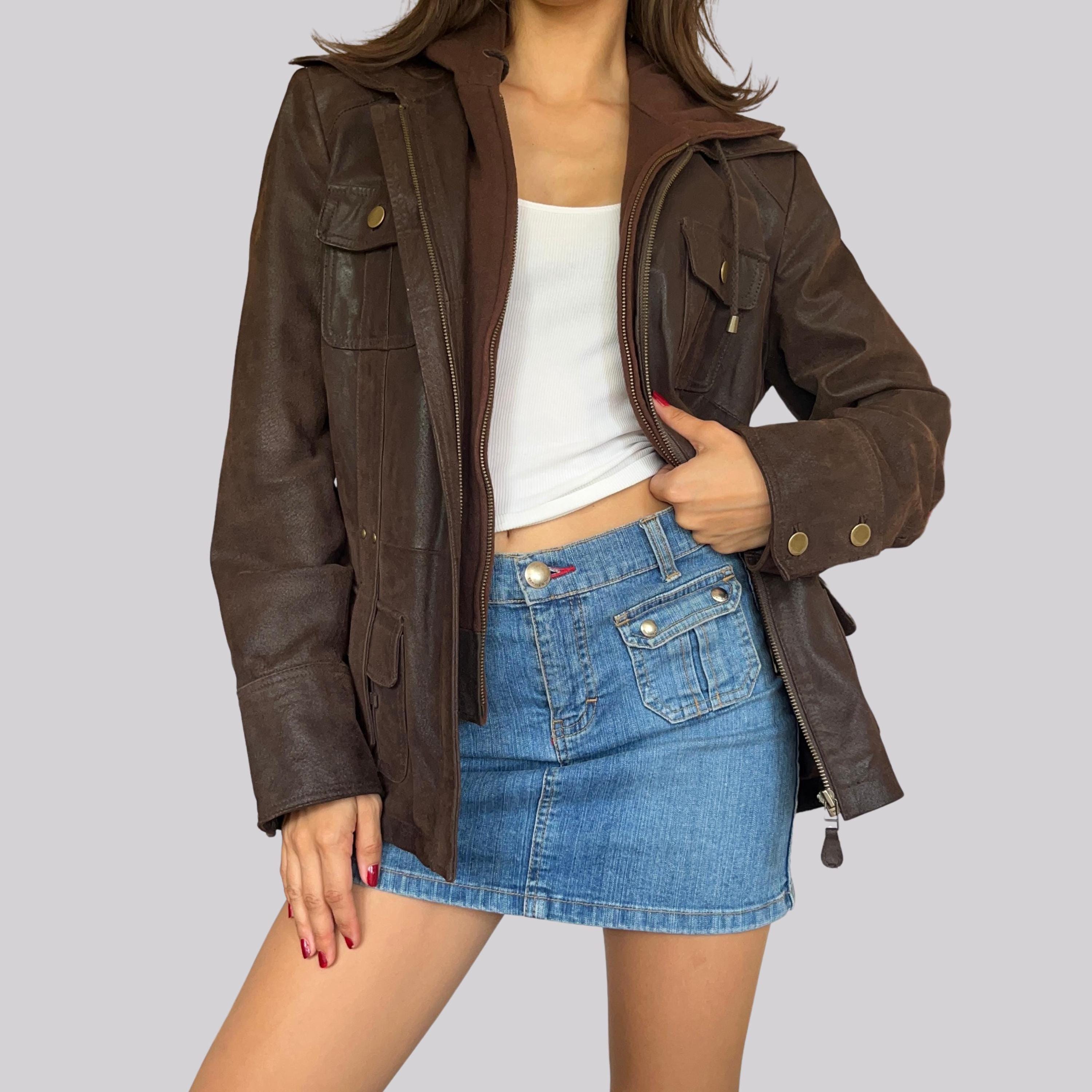 Vintage Y2K Leather Jacket With Hood / Brown / Genuine Vintage Y2K Leather Jacket With Hood / Brown / Genuine