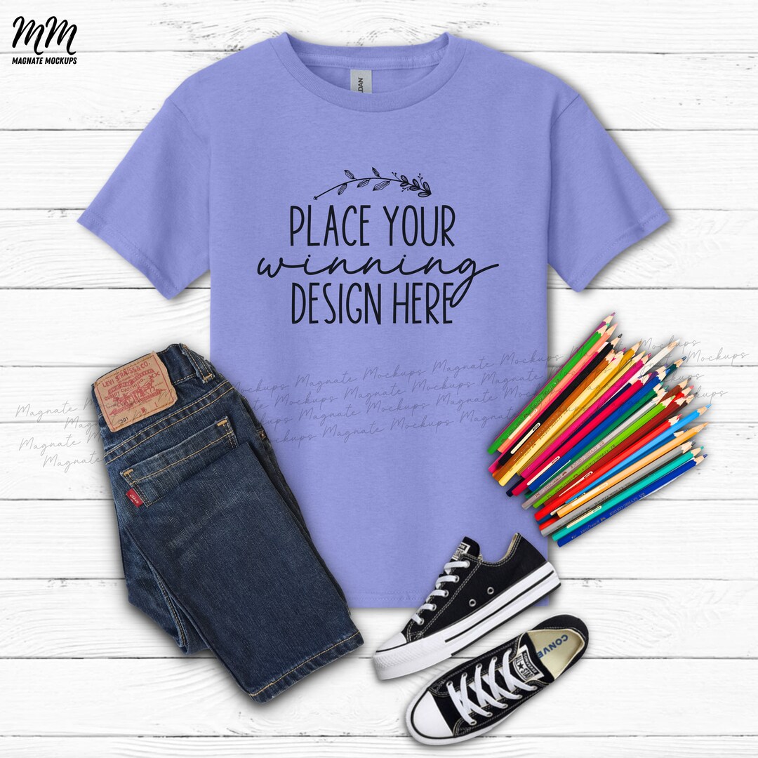 Violet Gildan 5000B T-shirt Mockup: Flat Lay Kids (AI Jpg Download) - Etsy