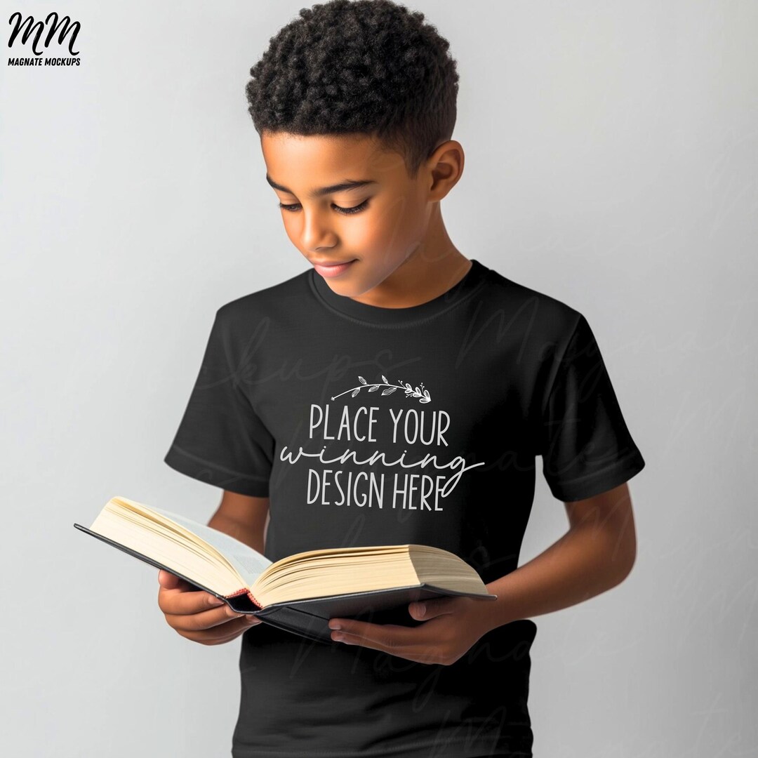 Black Gildan 5000B Kids Shirt Mockup: Boy Model Reading Book (AI JPG ...