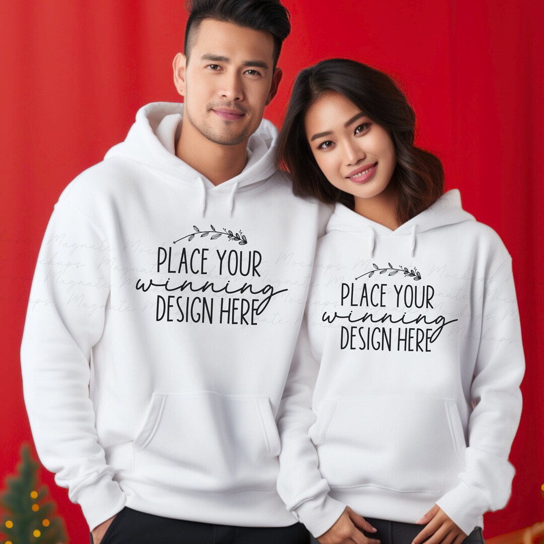 White Gildan 18500 Hoodie Christmas Mockup Asian Couple Man Woman Blank ...