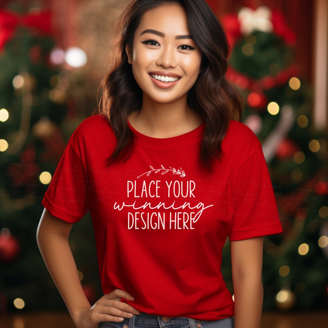 Gildan 5000 Women's Red T-shirt Mock-up Christmas Young Female Model ...