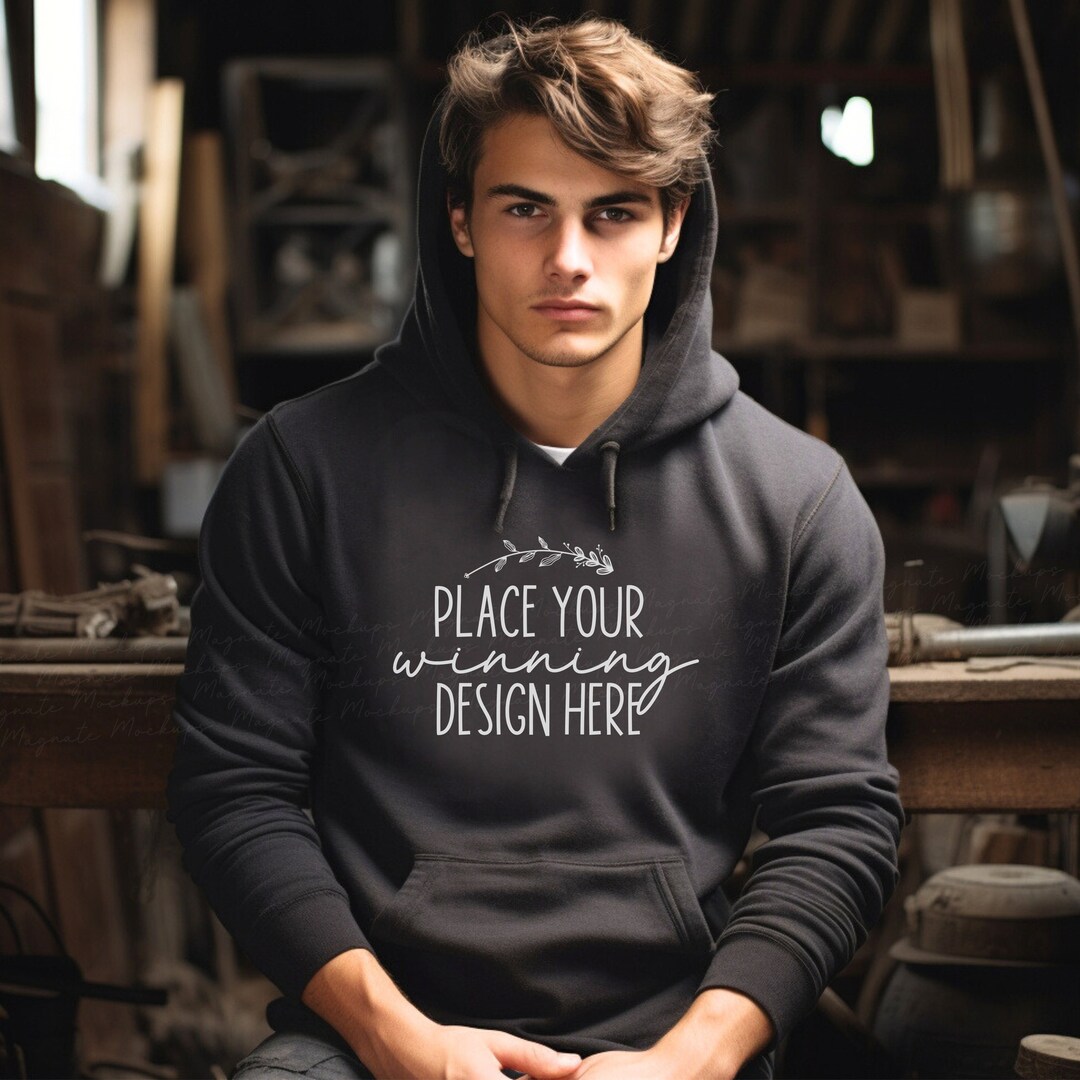 Mens Dark Heather Hoodie Mockup Gildan 18500 Handsome Male Model Mock ...