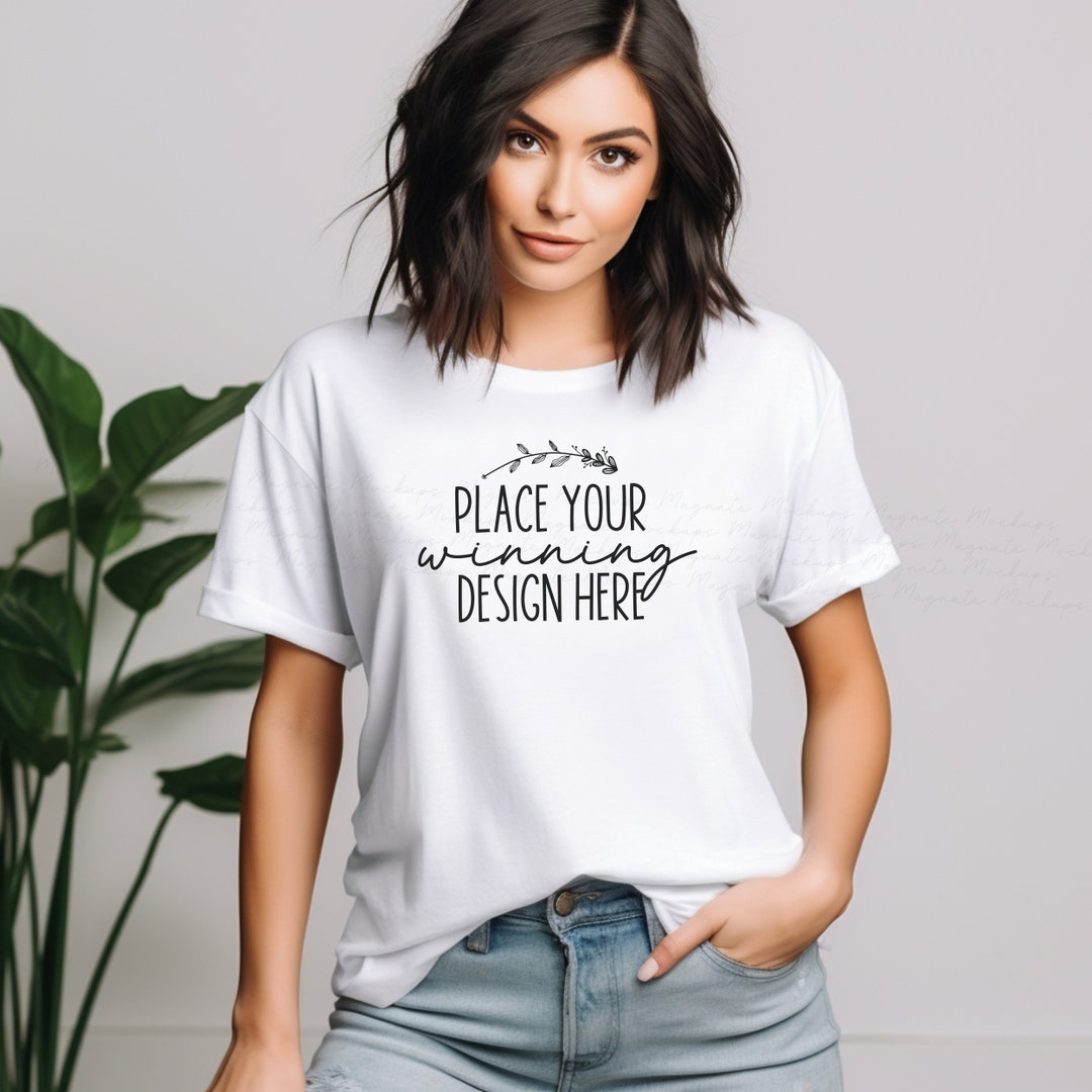 White Gildan 5000 T-shirt Mockup: Oversized Fit Female Model (AI Jpg ...