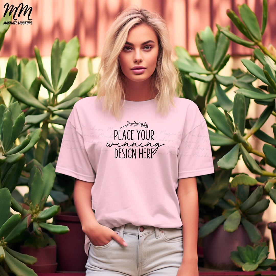 Gildan 5000 Light Pink Mock-up Female Model Ladies Oversized Tshirt ...