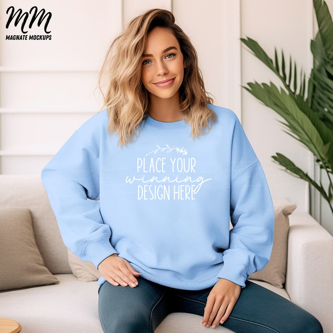 Women's Light Blue Sweatshirt Mockup Gildan 18000 Beach Woman Model ...
