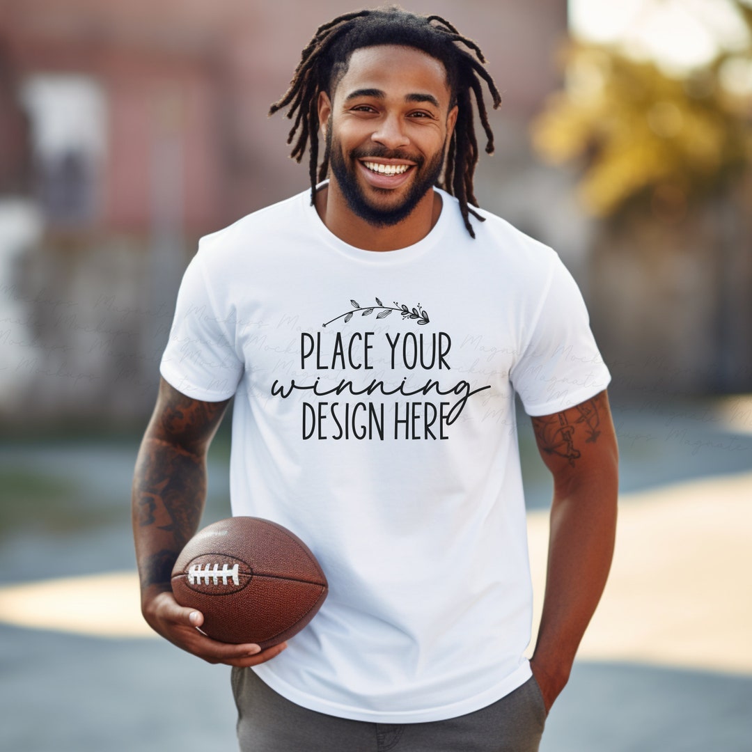 White Gildan 64000 Shirt Mens Football Mockup Male Model Tshirt Mockups ...