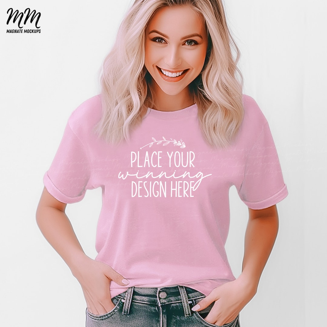 Light Pink Gildan 64000 Mockup Pink T-shirt Female Model Mock up ...