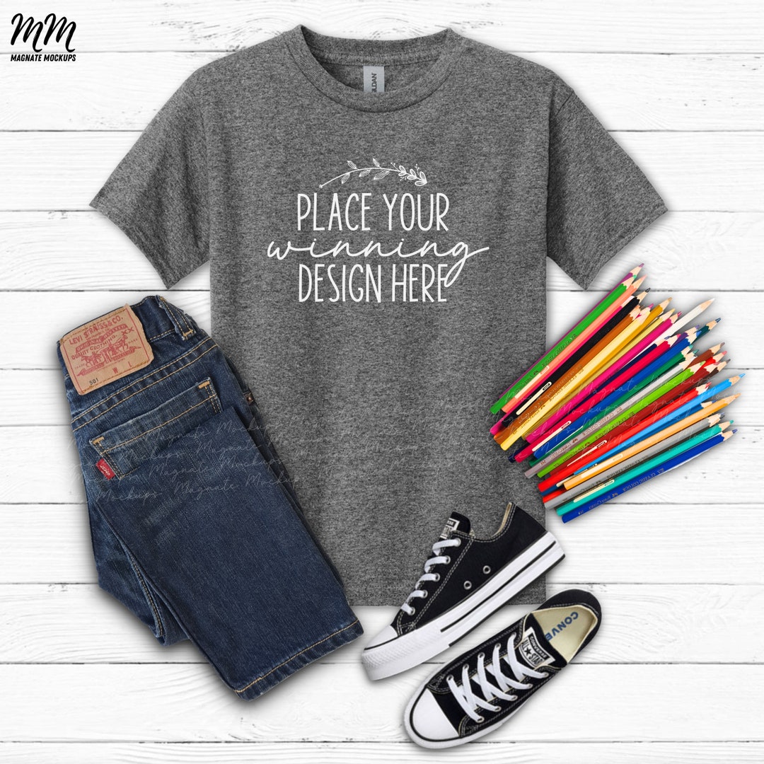 Graphite Gildan 5000b Shirt Mockup Kids Flat Lay Gildan Kids T-shirt ...