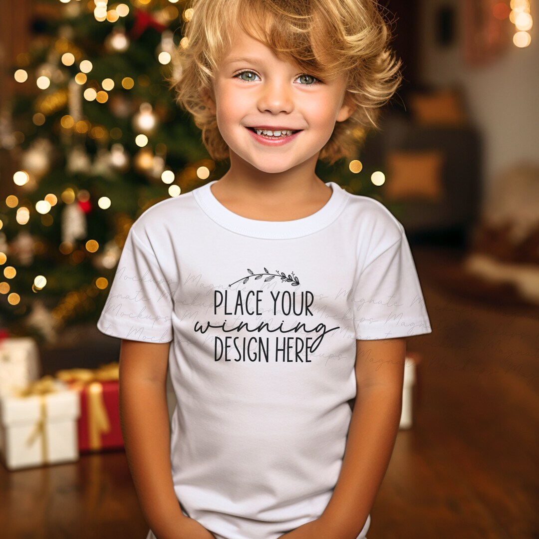 White Bella Canvas 3001T Shirt Mockup: Boy Model Christmas Theme (ai ...