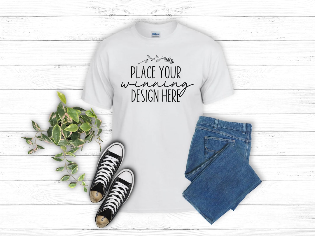 White Gildan 8000 T-shirt Mockup: Unisex Flat Lay (AI Jpg Download) - Etsy