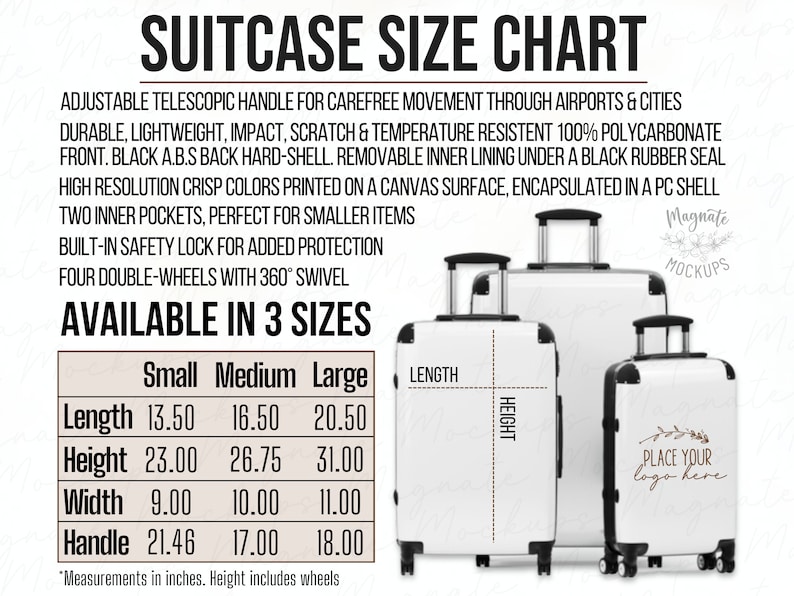 Suitcase Size Chart Mockup: Luggage Sizing Guide (JPEG Digital Download ...
