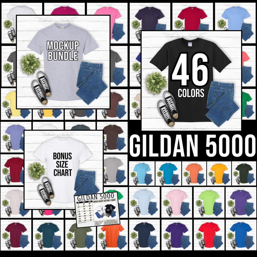 Gildan 5000 T-shirt Mockup Bundle: 46 Unisex Colors + Bonus Size Chart ...