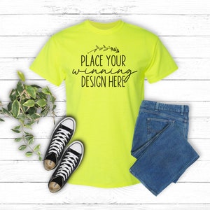 Safety Green Shirt Mockup Gildan 8000 Unisex T-shirt Gildan 800 ...