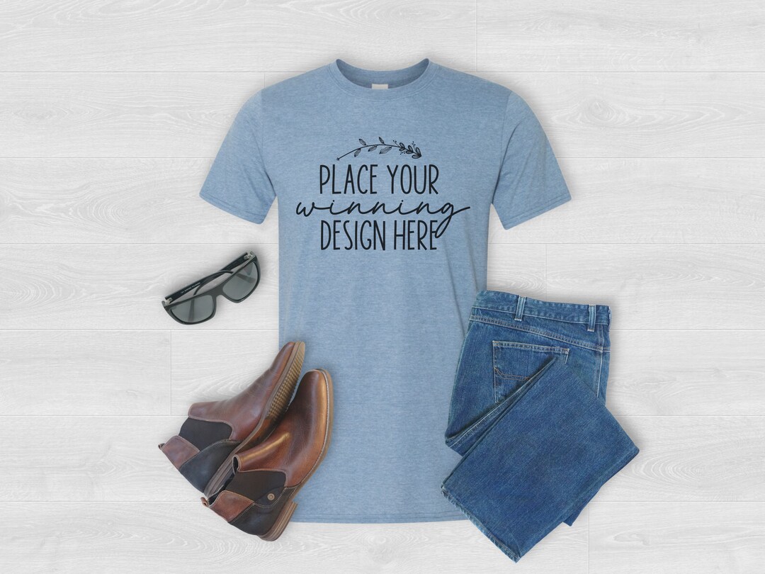 Heather Indigo Blue Gildan 64000 T-shirt Mockup: Flat Lay (AI Jpg ...