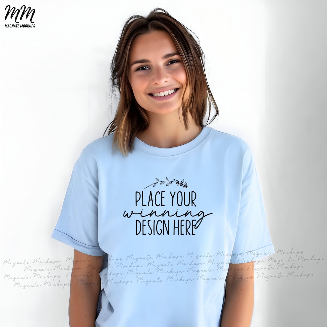 Light Blue Gildan 64000 Mock-up Female Model Tee Light Blue Women's ...