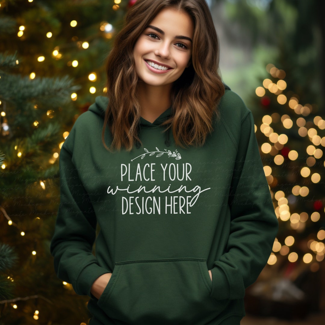 Forest Green Hoodie Christmas Mockup Female Model Gildan 18500 Ladies ...