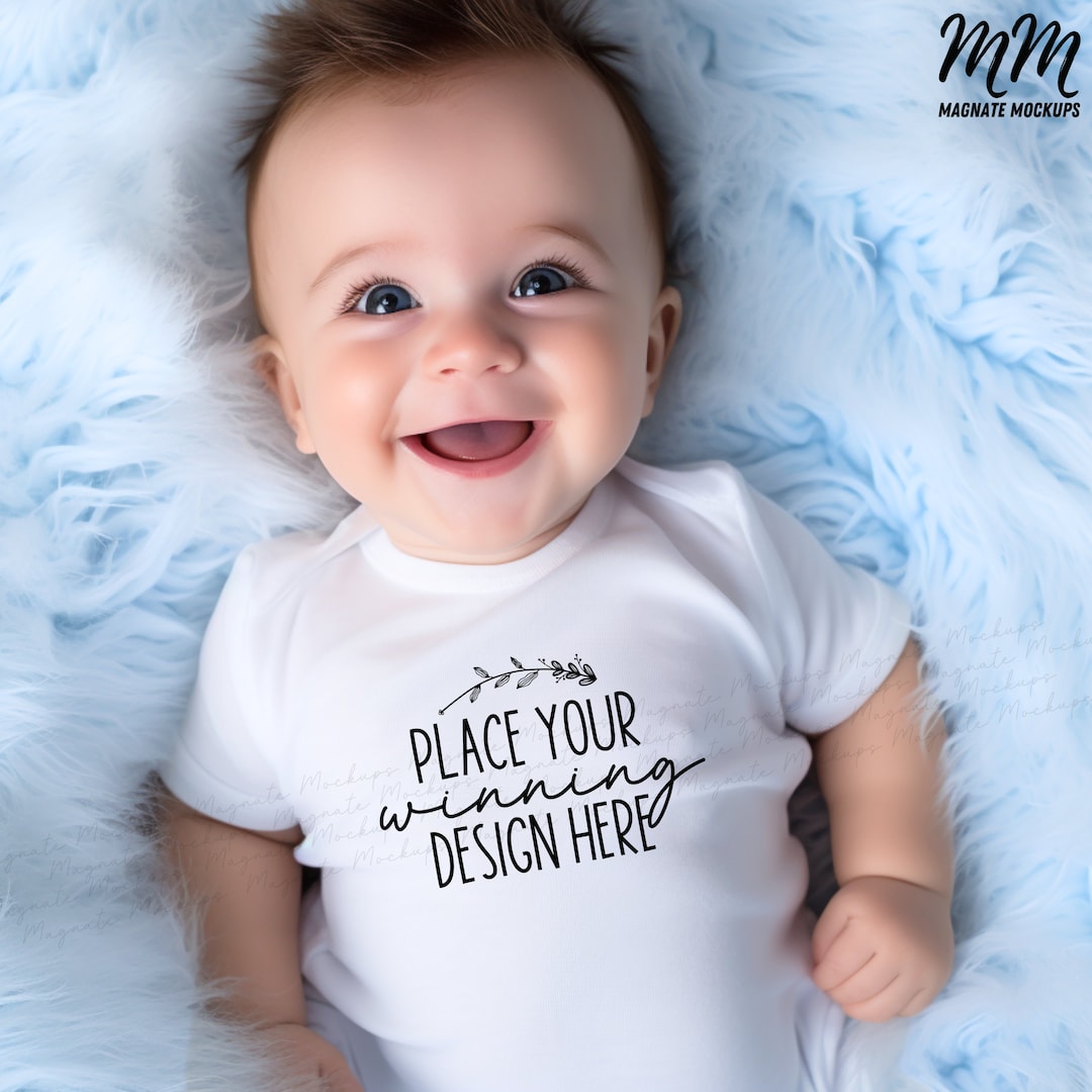 Baby White Romper Mockup Newborn Bodysuit Mock-up Baby Boy Blue White ...